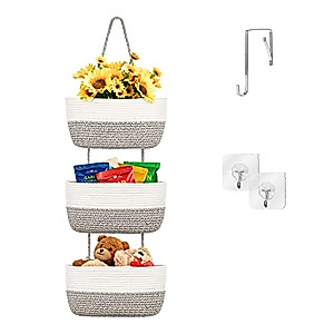 AivaToba Over Door Hanging Basket, 3-Tier Wall Mount Hanging Cotton Rope Storage Organizer, Decorative Storage Basket for Living Room (Brown)