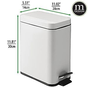 mDesign Small Modern 1.3 Gallon Rectangle Metal Lidded Step Trash Can, Compact Garbage Bin with Removable Liner Bucket and Handle for Bathroom, Kitchen, Craft Room, Office, Garage, 2 Pack, Light Gray