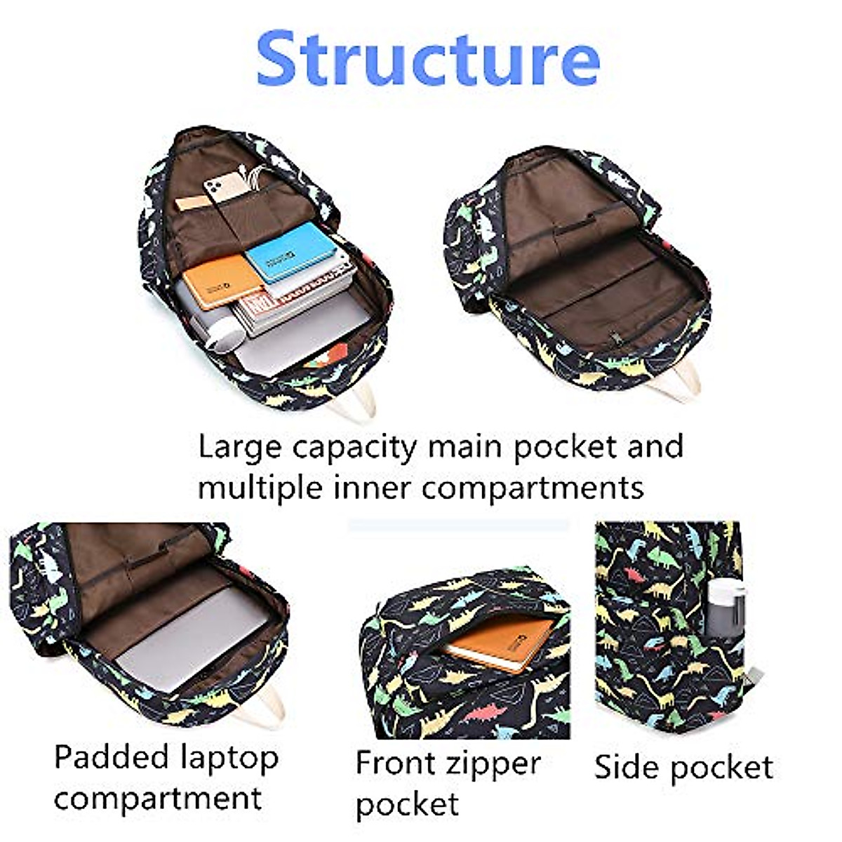 3Pcs Cool Dinosaur Prints Elementary Girls Boys Backpacks with Lunch Bag, Capacity School Bag Back Packs for Boys