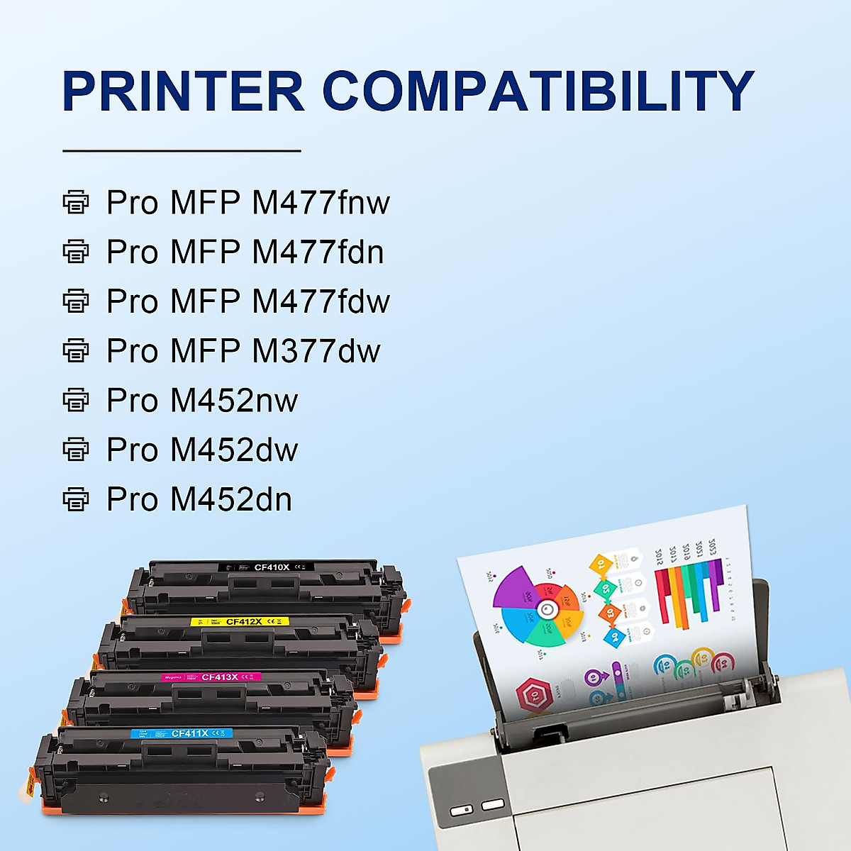 TEINO Compatible Toner Cartridge Replacement for HP 410A CF410A CF411A CF412A CF413A for Color Laserjet Pro MFP M477fnw M477fdw M477fdn Pro M452nw M452dw M452dn (Black, Cyan, Magenta, Yellow, 4 Pack)