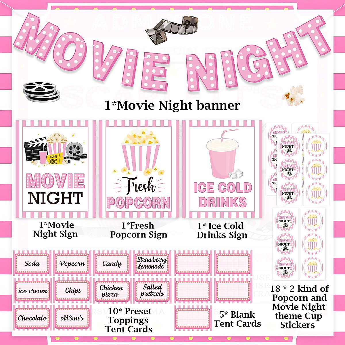 K KUMEED Movie Night Party Decorations-Pink Movie Night Banner Cute Popcorn Sign Ice Cold Drink Toppings Tent Cards Movie Night Stickers for Movie Theme Party Summer Ice Bar Film Party Supplies