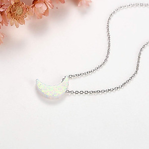 Kaletine White Synthetic Opal Crescent Moon Pendant Necklace Sterling Silver Cable Chain Adjustable 16-17-18 Inch