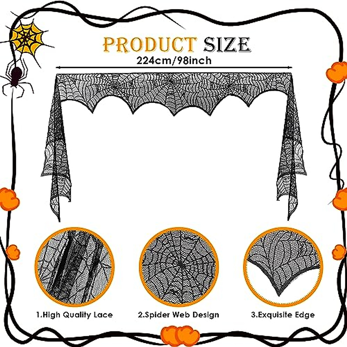 Amaxiu Halloween Fireplace Mantle Scarf, Spiderweb Mantel Decor Black Lace Fireplace Mantle Cover 18 x 96 in Festive Halloween Party Decorations Gothic Indoor Decor
