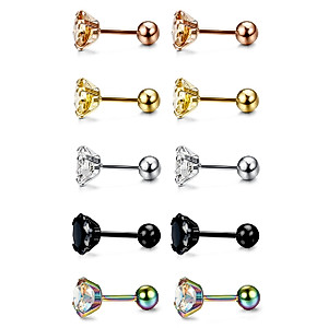 LOYALLOOK 5 Pairs Stainless Steel Cubic Zirconia Stud Earring Ear Piercings For Women 5 Colors 6mm