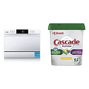 COMFEE’ Countertop Dishwasher, Energy Star Portable Dishwasher, 6 Place Settings, White & Cascade Platinum Dishwasher Pods, ActionPacs Dishwasher Detergent, Lemon, 62 Count