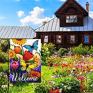 Louise Maelys Welcome Spring Floral Garden Flag 12x18 Double Sided, Burlap Small Vertical Spring Summer Butterfly Garden Yard Flags for Seasonal Outside Outdoor House Decoration (ONLY FLAG)
