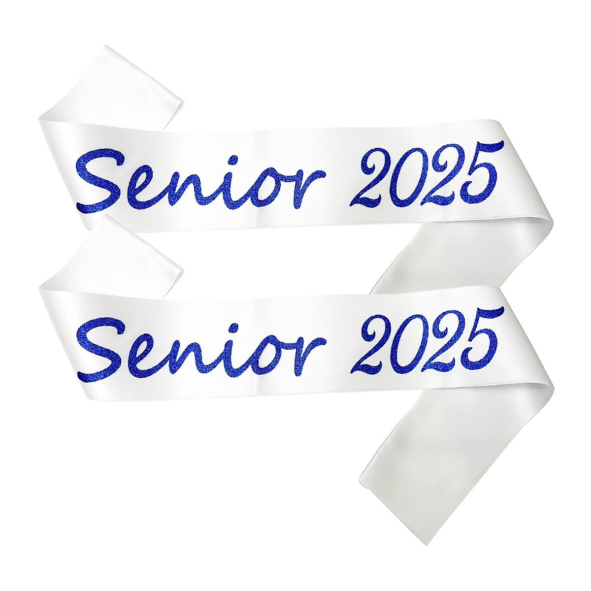 Ashaqshnglee Senior Sash 2025, 2PCS Graduation Sash White with Blue Glitter Letter Finally Graduated Cheerleader Party Celebration Decorations