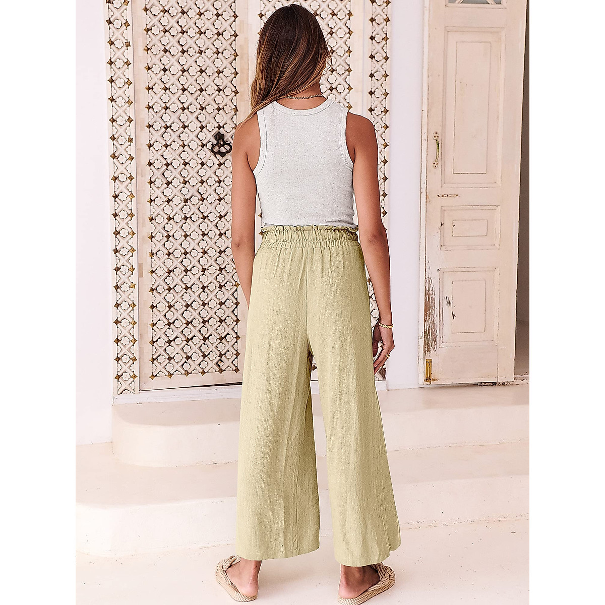 ANRABESS Women Linen Pants Casual Loose High Waist Boho Wide Leg Cropped Palazzo Beach Pants Summer Outfits 2025 Trendy Small Apricot