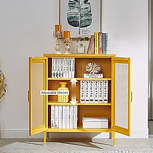 SPACEROCK Storage Cabinet Kitchen Buffet Pantry 40“ Stylish Metal Pantry Cabinet with 2 Mesh Doors, Suitable for Office, Dining Room, Living Room, Yellow