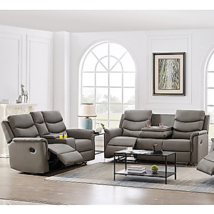 Verfur 2 Pieces Sets for Living Room,Manual Reclining 3 Seater Couch and Loveseat with Center Console and 4 Cupholders, PU Leather Home Theater Seating Motion Sofa & Couces RV Furniture, Grey