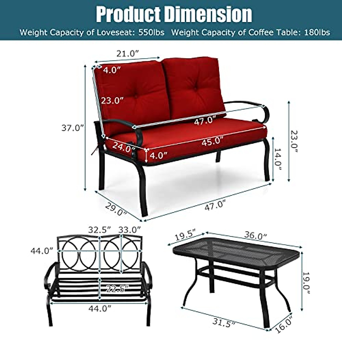 Tangkula Patio Loveseat with Table Set, 2 Seat Cushioned Sofa with Coffee Table, Patio Conversation Sofa Set with Rustproof Frame, 2 Pieces Outdoor Furniture Set for Garden, Poolside, Balcony (Red)