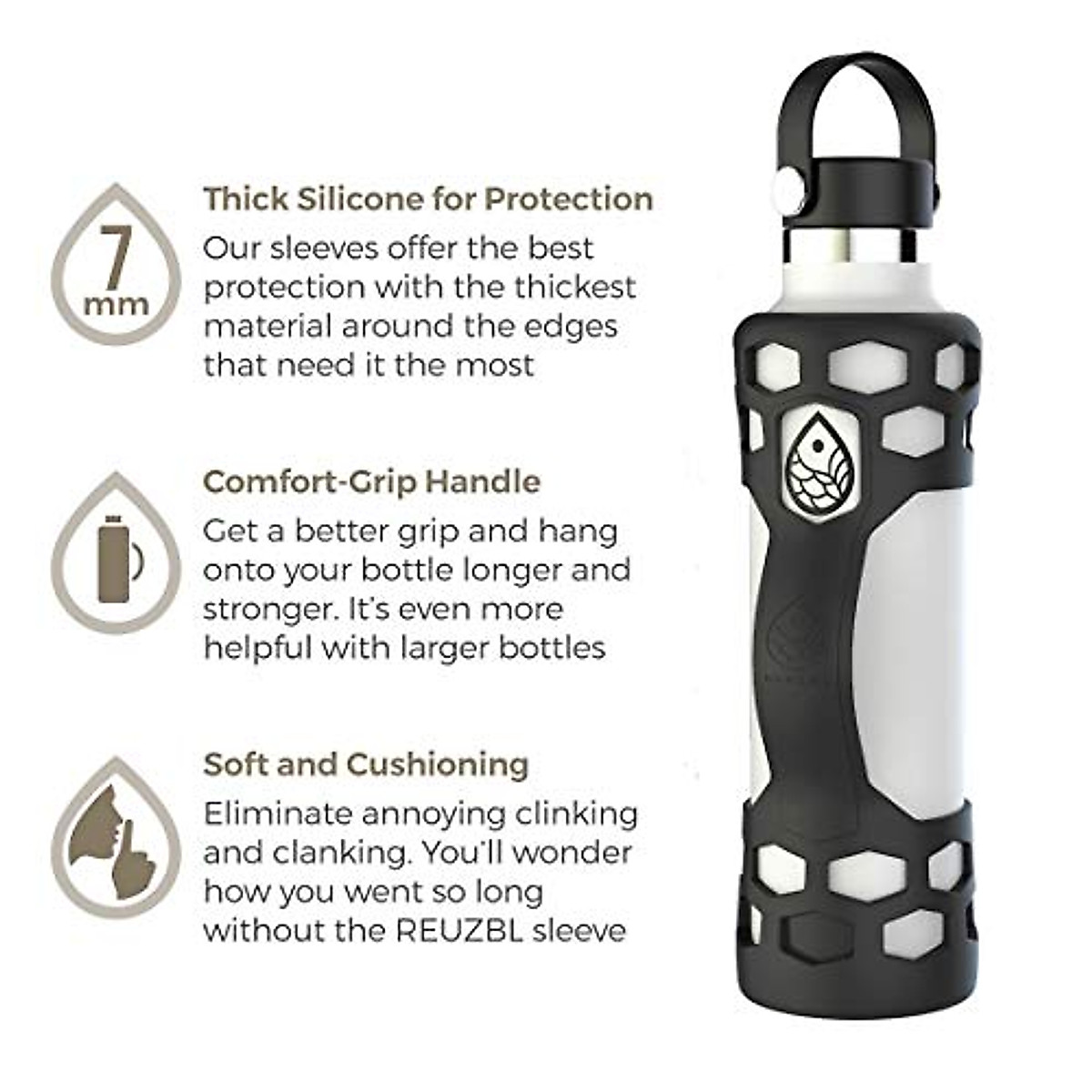 REUZBL Bottle Bumper Silicone Boot Sleeve Protector with Handle Compatible with 40oz Double-Wall Vacuum Insulated Stainless Steel Water Bottles, Black