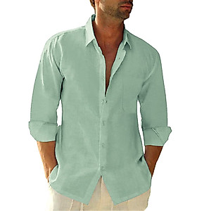 JEKAOYI Button Down Linen Shirts for Men Casual Long Sleeve Regular Fit Cotton Beach Shirts with Pocket Mint Green