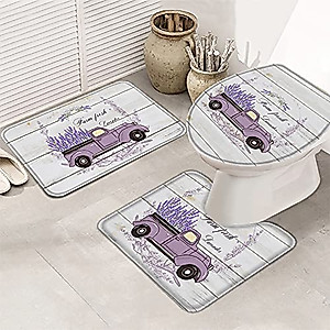 Lavender 3 Piece Bath Rugs Sets Truck with Lavender Non Slip Bathroom Carpet Farm Fresh Flower Farmhouse Purple Floral Wood Absorbent U-Shaped Toilet Mat, Toilet Lid Cover