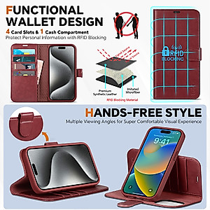 TUCCH Wallet Case for iPhone 15 Pro Max, [Removable] Stand RFID Blocking 4 Card Slots Wireless Charging Protective Case, 2-in-1 Detachable PU Leather Folio Compatible with iPhone 15 Pro Max, Dark Red