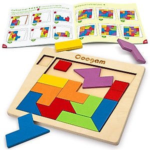 Coogam Wooden Puzzle Blocks Geometric Tangram Brain Teasers Jigsaw 3D Logic IQ Game Colorful Shape Pattern Montessori STEM Educational Toys Gift 60 Challenges for All Age