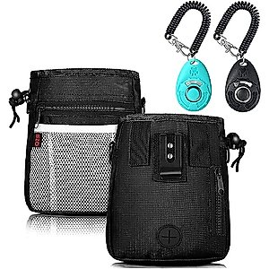 Dog Treat Pouch - 3 Ways to Wear Treat Pouches for Pet Training and 2 Pieces Clicker Taining for Dogs, Dog Training Treat Pouch Bag and Dog Clicker for Training with Waist Belt Shoulder Strap - Black