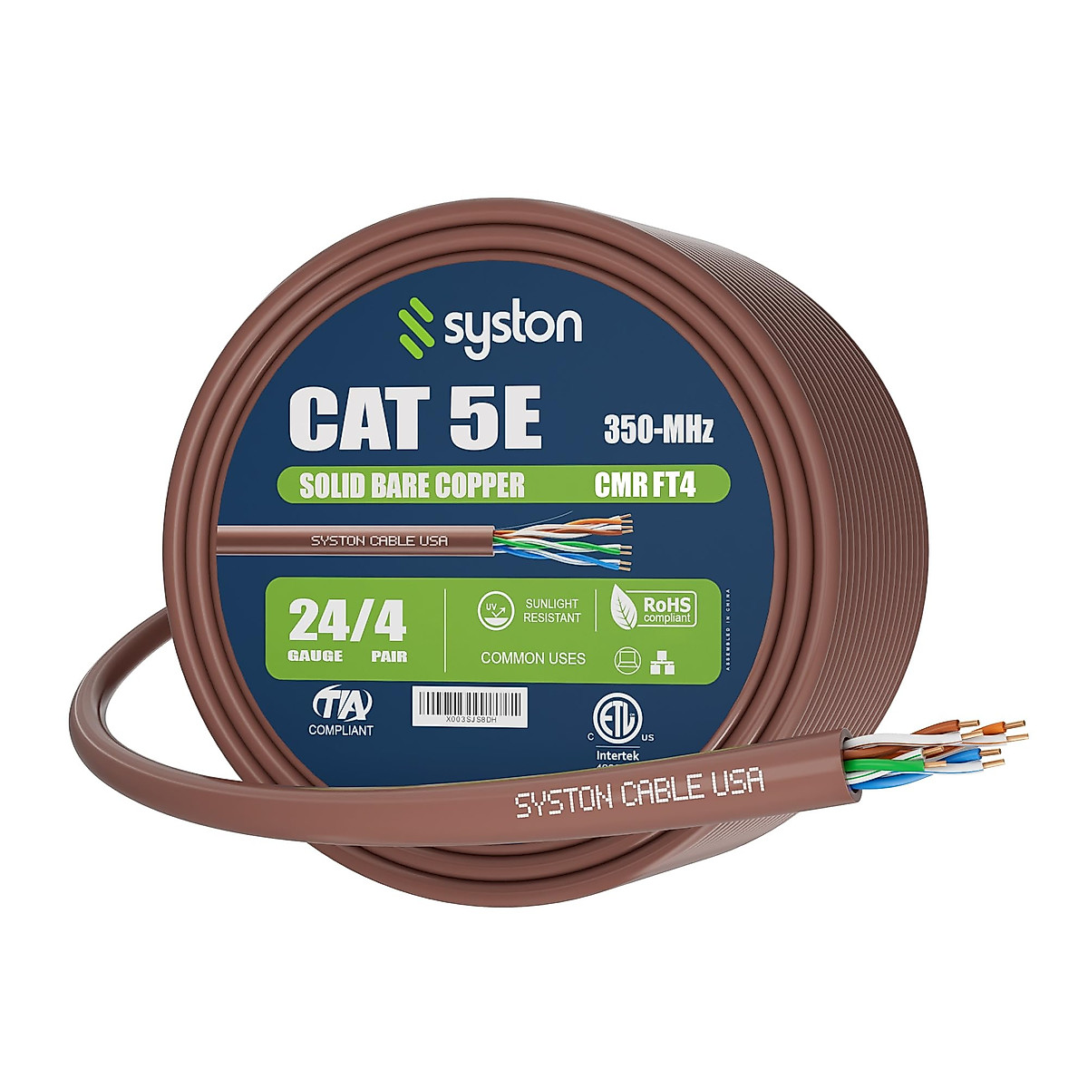Syston Cable Technology Cat 5e Ethernet Network Cable，350MHz 24AWG Solid Bare Copper Wire Outdoor/Indoor, Bulk No Ends 10 Ft to 1000 Ft Available, Heat Resistant Riser Rated - CMR