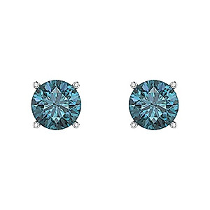 1 Carat 4-Prong Set Blue Diamond Stud Earrings in 10K White Gold