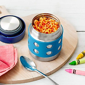 LunchBots Thermal 8 oz Triple Insulated Thermos - Hot 6 Hours or Cold 12 Hours - Leak Proof Thermos Soup Jar - All Stainless Interior - Navy Lid - Aqua Dots