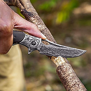 SPIRIT DEED 3.5in handmade japanese vg10 damascus steel blade folding pocket knife for men and women,leather sheath,ebony wood handle,liner lock,edc outdoor knives for camping