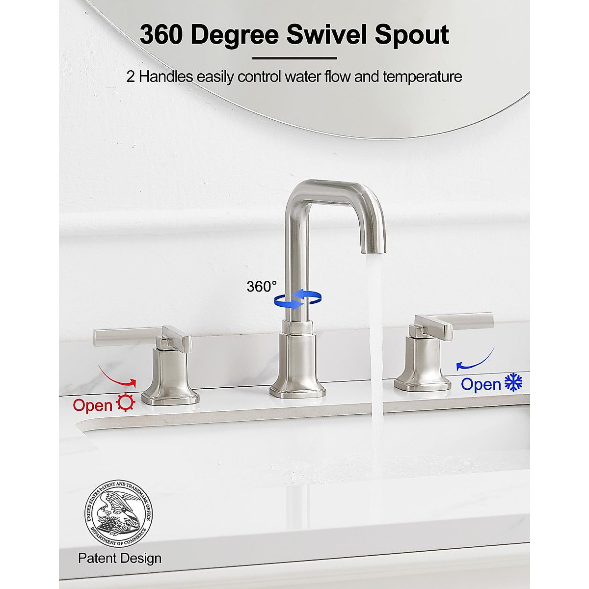 HOIGY 8 Inch Widespread Bathroom Faucet Brushed Nickel Bathroom Sink Faucet 3 Hole, 360 Degree Swivel Bathroom Faucets for Sink, 2 Handles Bath Faucet with Pop-Up Drain, 5 Mins Easy Installation