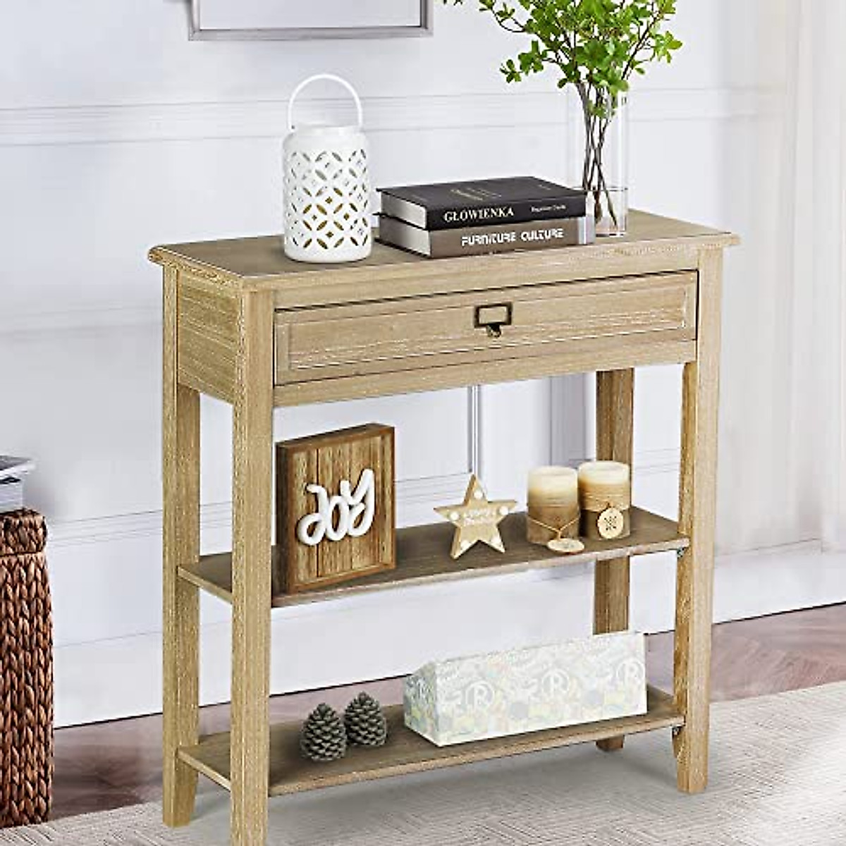 Wnutrees Console Sofa Table with Drawers, 3-Tier Farmhouse Entryway End Table with Open Storage Shelves, Accent Side Table for Hallway Living Room Bedroom, Wooden Top, Handcrafted Finish (Natural)