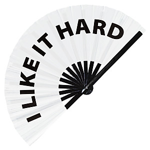 I Like it Hard hand fan foldable bamboo circuit hand fan funny gag slang words expressions statement gifts Festival accessories Rave handheld Circuit event fan Clack fans (White) 13 inch
