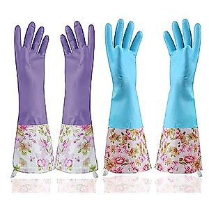 KINGFINGER Dishwashing Cleaning Gloves, 2 Pair Reusable Rubber Gloves PVC Waterproof Long Cuff and Flock Lining Household Cleaning Gloves(Blue + Purple)