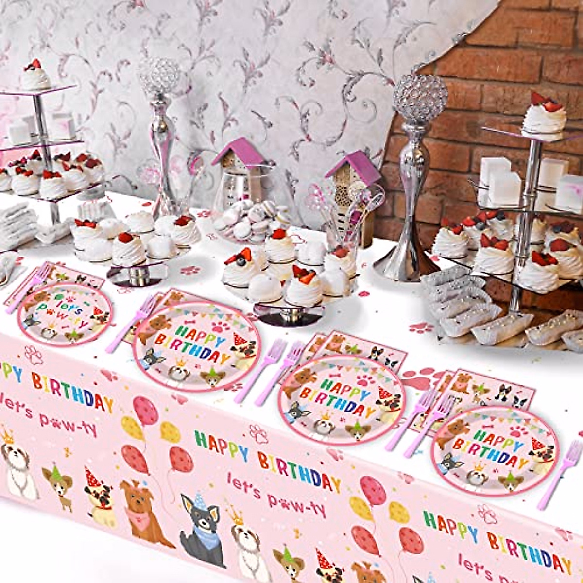 98pcs Dog Birthday Party Decorations Puppy Tableware Set Plates Napkins Pink Dog Theme Tablecloth for Girls Birthday Lets Pawty Party Supplies Kit Pet Dog Table Cover Dinnerware Paw Print Party Favors