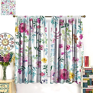 Floral Plant Blackout Curtains,Pink Watercolor Floral Girls Kids Home Window Treatments for Home Living Room Bedroom Drapes 52x84in