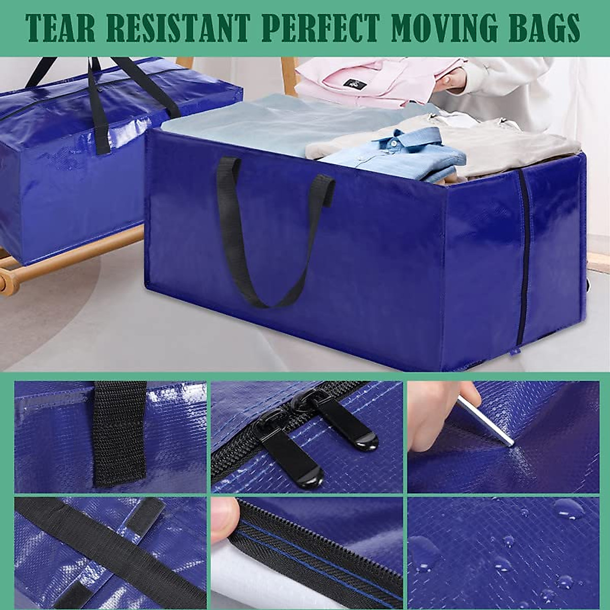 ATQTQ Extra Large Moving Bags Heavy Duty Storage Bags with Handles & Zippers, Dorm Moving Totes for Space Saving, College Packing Supplies for Clothes- Moving Box w/Backpack Straps(Dark Blue, 8 Pack)