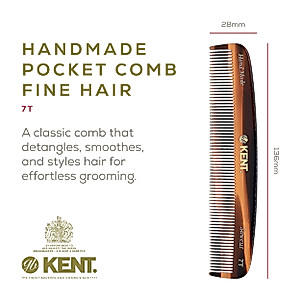 Kent 7T Handmade All Fine Tooth Pocket Comb for Men, Hair Comb Straightener for Everyday Grooming Styling Hair, Mustache and Beard, Use Dry or with Balms, Saw Cut and Hand Polished, Made in England