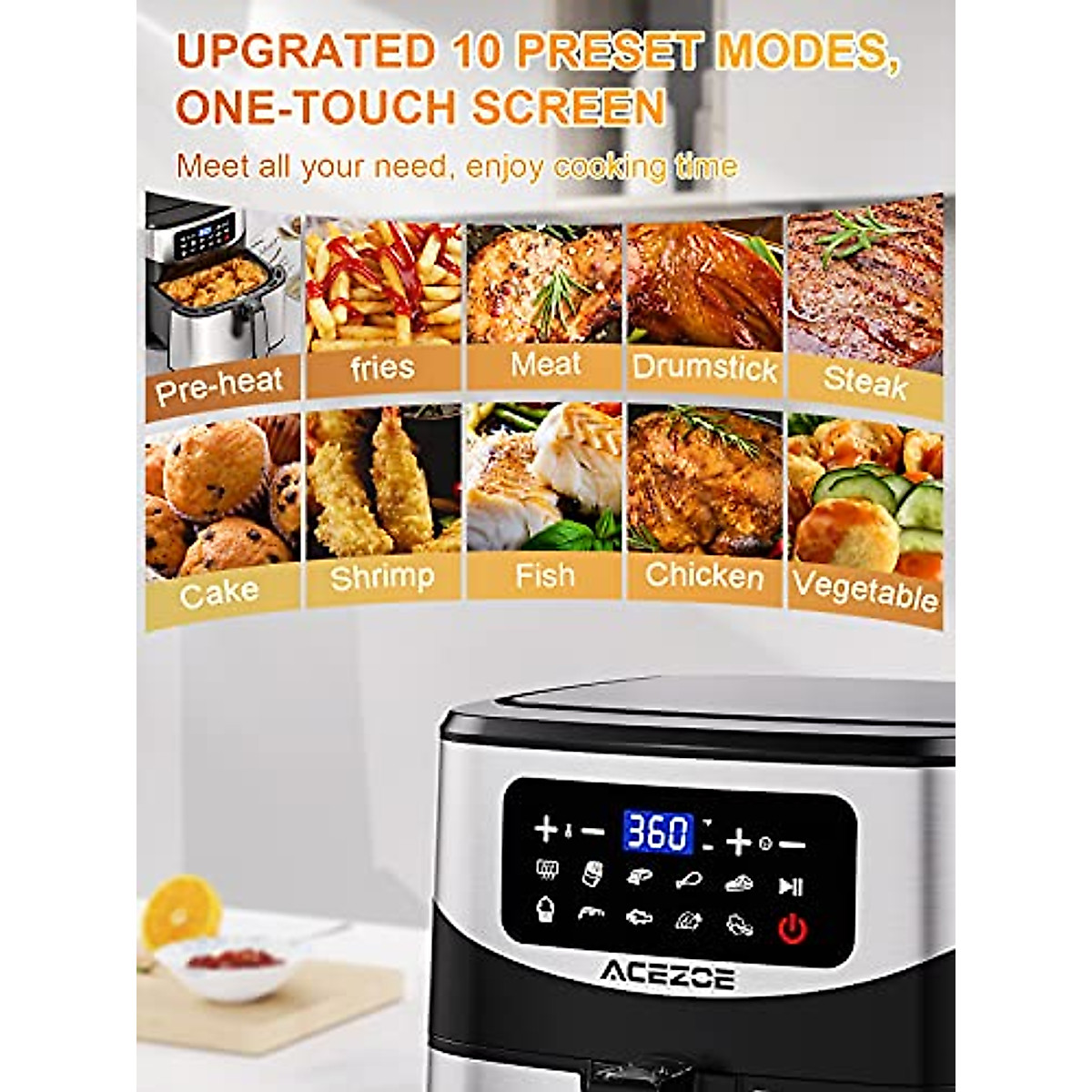 Acezoe Stainless Steel 7.4 QT Digital Air Fryer 1700-Watt with 9 Preset Cooking Functions, LED Touchscreen, Non-Stick Coating, 43 Recipes, Easy to Clean, Auto Shut-Off