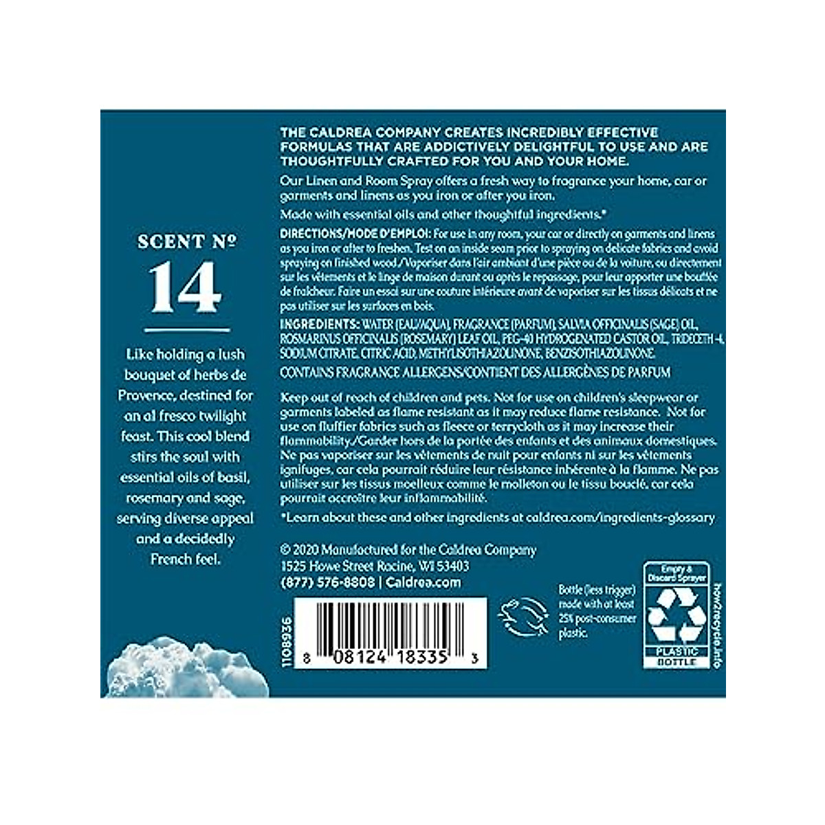 Caldrea Linen and Room Spray Air Freshener, Made with Essential Oils, Plant-Derived and Other Thoughtfully Chosen Ingredients, Basil Blue Sage, 16 Fl Oz (Pack of 2)