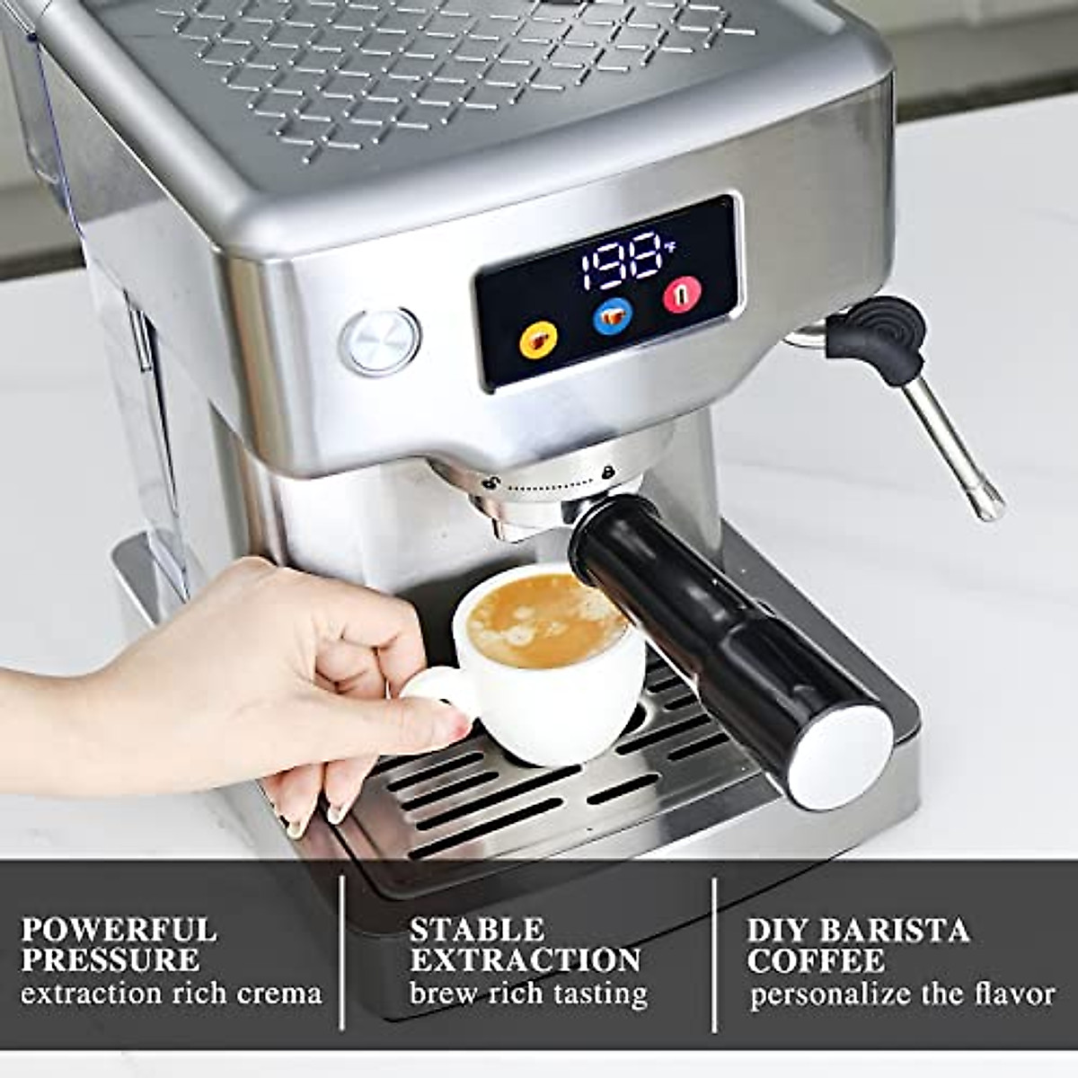 Homtone Espresso Machine 20 Bar, Stainless Steel Espresso Machine with Milk Frother for Cappuccino, Latte, Touch Screen Espresso Coffee Maker for Home (Modern)