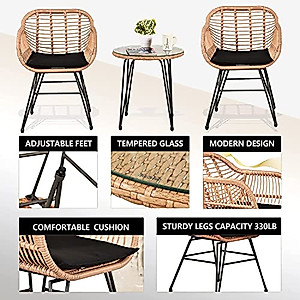 MOOWIND 3 Piece Patio Conversation Bistro Set Outdoor Modern Wicker Rattan Set for Porch Backyard Pool Black