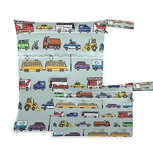 2pcs Bus Truck Car Cloth Diaper Wet Dry Bag Waterproof Reusable Wet Dry Organizer,Transportation Washable Wet Bag with Two Zippered Pockets for Travel Beach Gym Swimsuits Toiletries