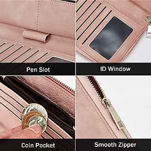BROMEN Womens Wallet RFID Blocking Large Capacity Wristlet Phone Holder Zip Around Leather Clutch Purse Pink