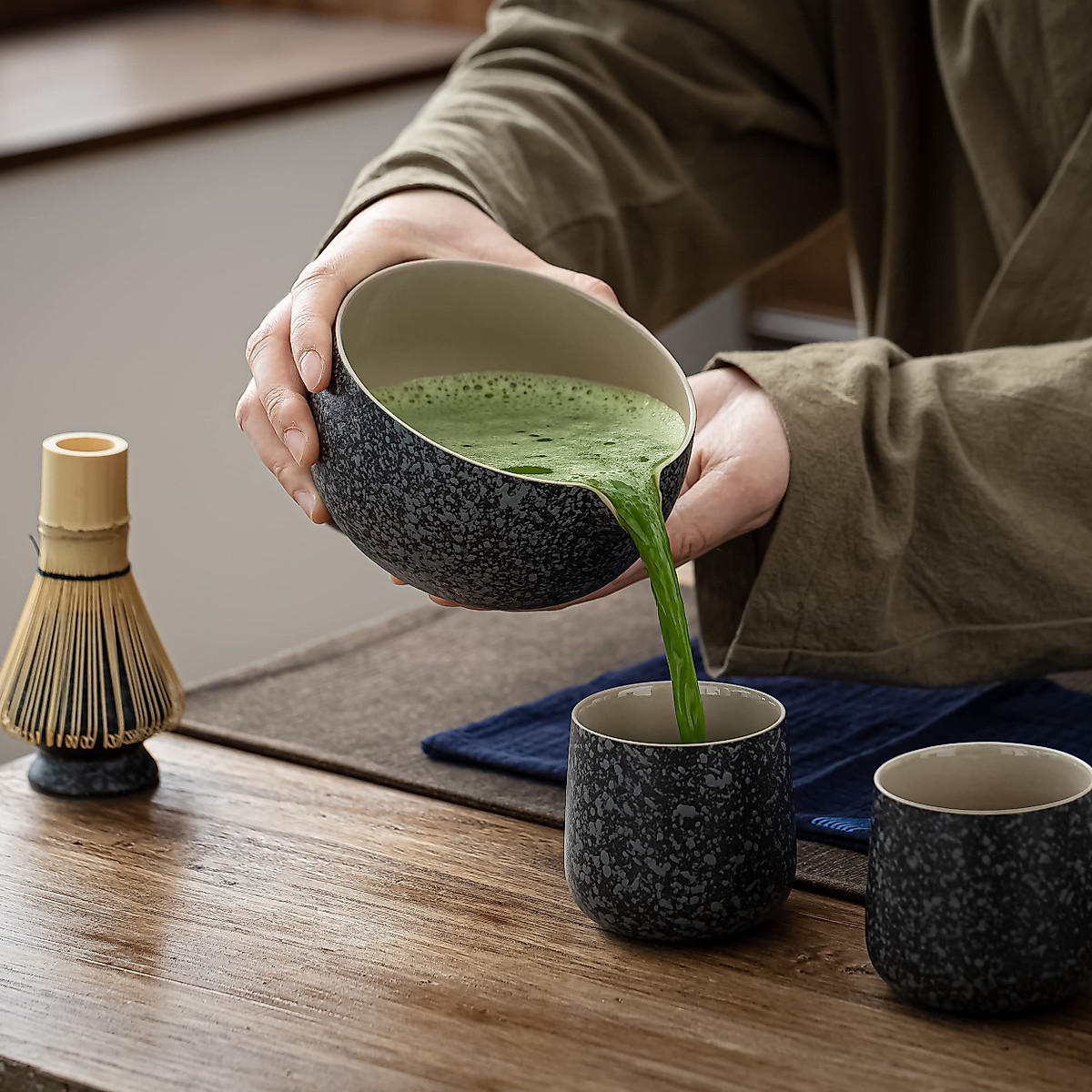 TEANAGOO Matcha Set Matcha Whisk Matcha Bowl with Pouring Spout Scoop Matcha Whisk Holder Tea Making Kit. 1 Japanese Tea Set (7pcs) + 2Cups(7.2oz),S1,Charcoal Grey,Color Box Packing