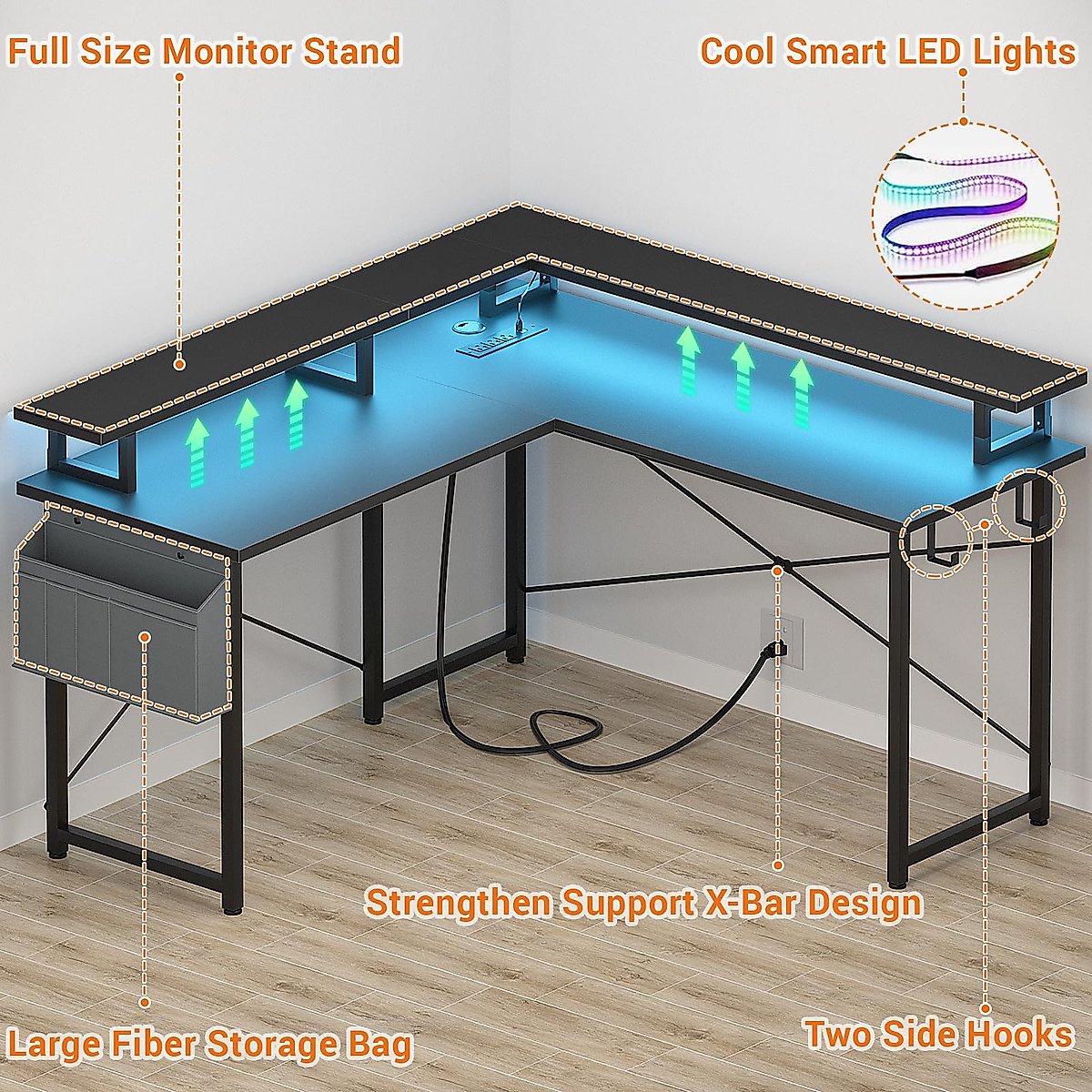 armocity L Shaped Computer Desk with Power Outlets, Gaming Desk L Shaped with LED Lights, Corner Desk with Storage Shelves, Work Study Desk for Bedroom, Home Office Small Spaces, 47'', Black
