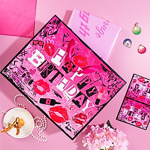 11.8”Large Pink Gift Bag for Girls Birthday, Happy Birthday Gift Bag with Greeting Card Tissue Paper Pink Black Women Birthday Gift Wrapping Paper Bags for Girl Birthday Decorations Party Supplies