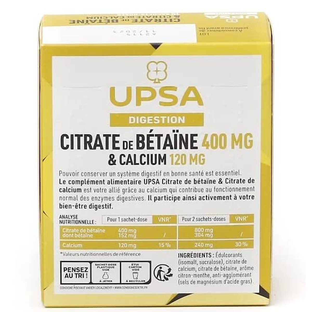 Betaine & Calcium Citrate by UPSA France for Digestive Comfort-Pack of 10 Sachets Doses