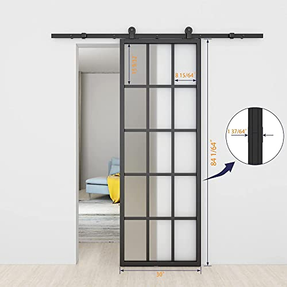 BARNSMITH 30in x 84in Frosted Glass Barn Door with 6FT Top Mounted Hardware kit Include Soft Close Mechanism DIY 15 Lites Modern Aluminum Frame Glass Sliding Barn Door Disassembled Easy Installation