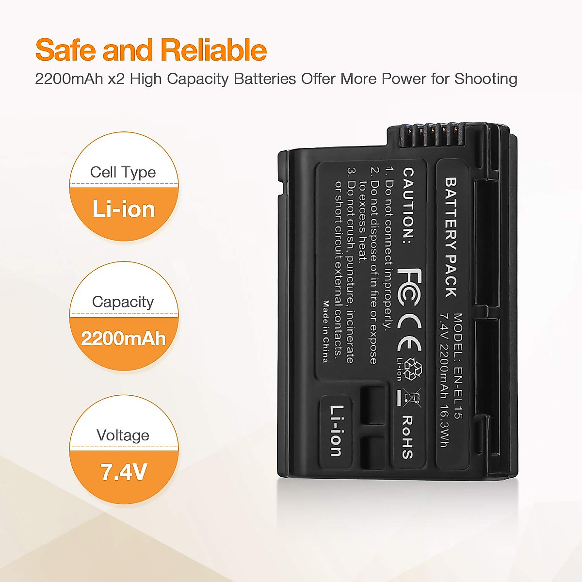LORDONE EN-EL15/ EL15a /EL15b Battery 2-Pack and USB Dual Charger for Nikon d7200, d750, d7500, d850, d610, d500, MH-25a, d7000, z6, d810 Batteries (2200mAh)