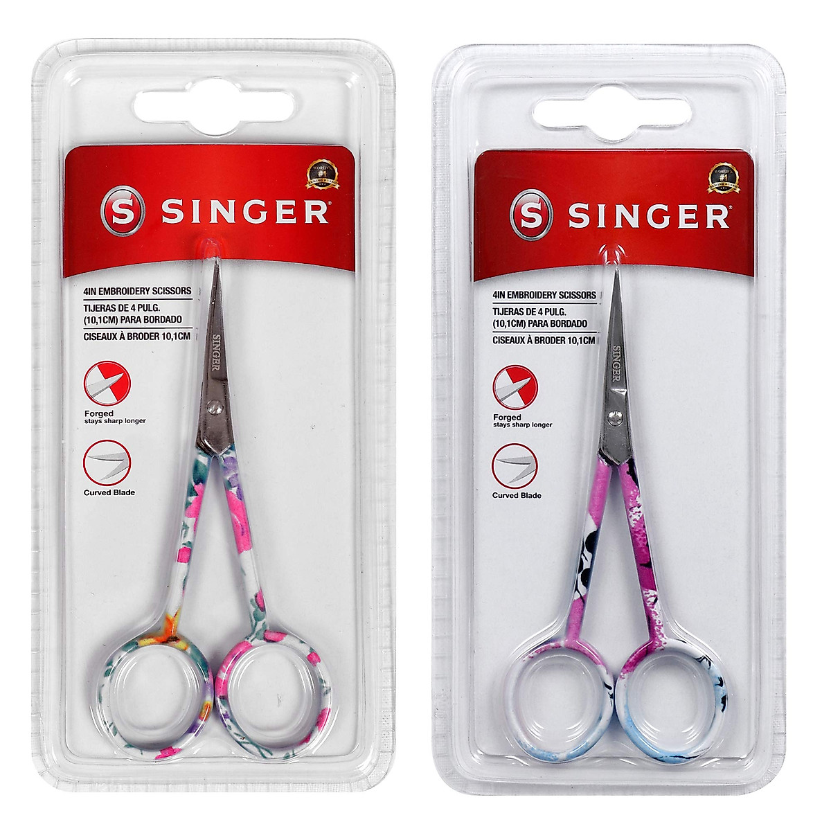 SINGER 4 Inch Forged Embroidery Scissors with Curved Tip for Sewing, Cross-Stitching, Crafts, & More (White Floral & Pastel Print, 2-Pack)