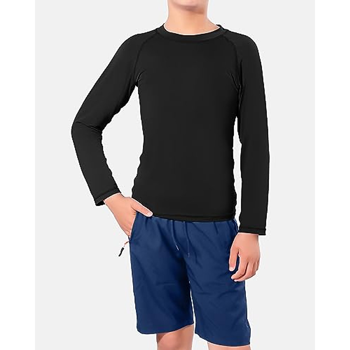 JOCMIC Boy Rash Guard Shirts Boys Swim Shirts UPF 50+ Sun Protection Long Sleeve Quick Dry Shirts Black 8-9Y