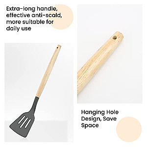 Silicone Turner, Silicone Spatula, Wooden Spatula for Cooking, Silicone Turner Spatula with Wooden Handle for Pancake, Egg, Fish, Burger