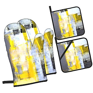 Oven Mitts and Pot Holders Sets of 4 Gray Yellow Modern Art Abstract Kitchen Potholder Gloves Heat Resistant Non-Slip for Chef Baking Cooking Grilling BBQ Mittens