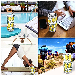 Yasala Tumbler Cute Lemon Pattern Insulated Office Coffee Cup Back to School Beverage Container Travel Mug with Straw and Lid Double Wall Stainless Steel 20oz